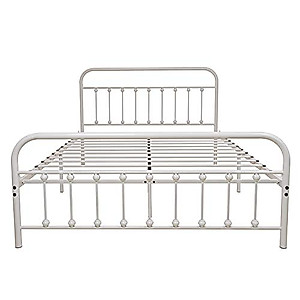 NEEBIRGELIA White Metal Bed Frame Queen Size with Headboard and Footboard Single Platform Mattress Base,Metal Tube and Iron-Art Bed（Queen,Grayish White）
