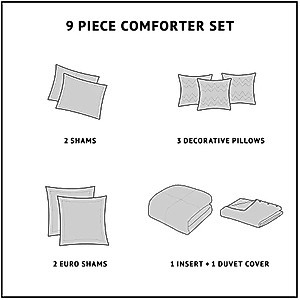 Madison Park Signature Hollywood Glam Cozy Comforter Set - All Season Bedding Combo Filled Insert and Removable Duvet Cover, Shams, Decorative Pillows, Metallic White King(110"x96") 10 Piece