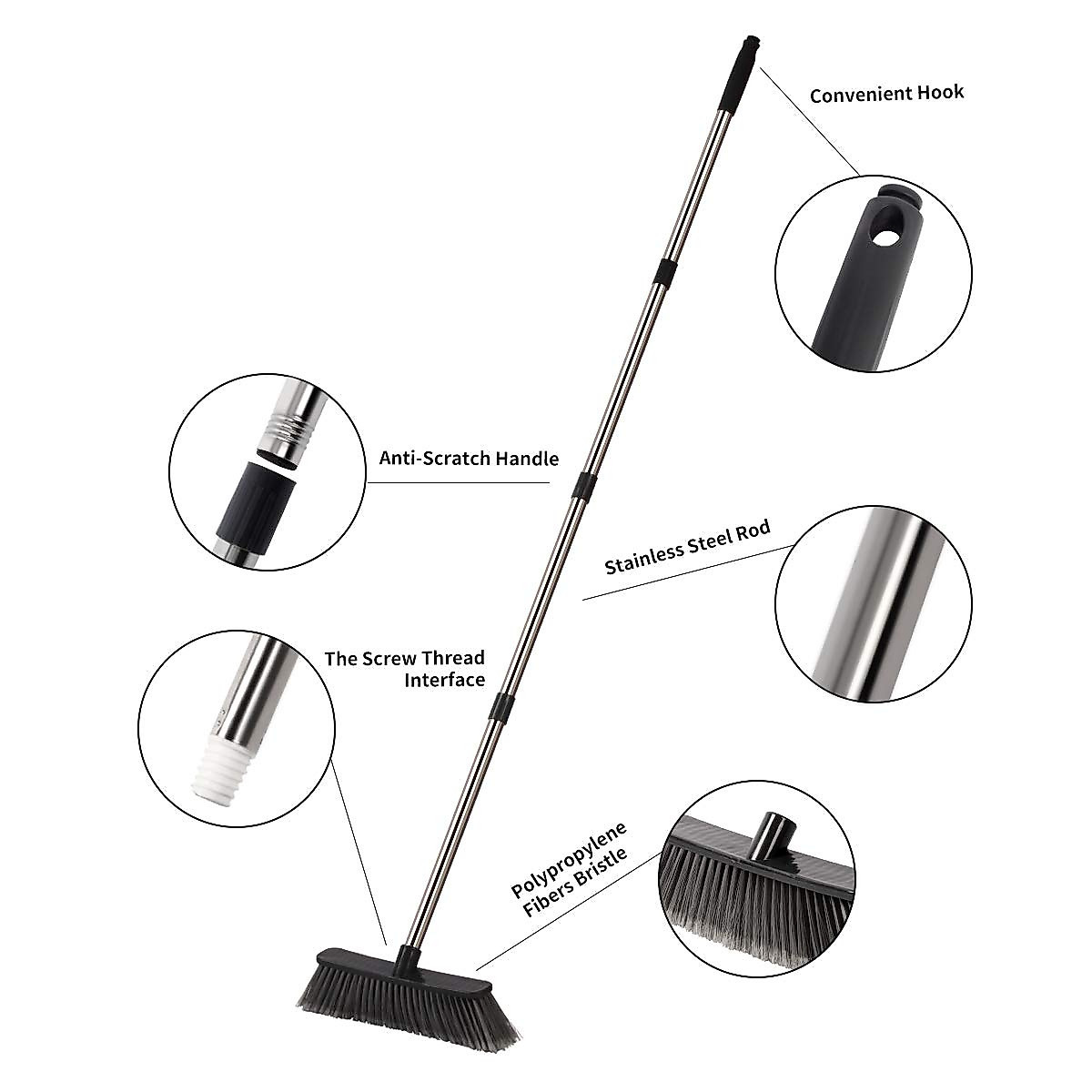 YCUTE Push Broom Brush, Multi-Surface Soft Sweeping Broom with 54” Adjustable Stainless Steel Long Handle for Bathroom, Kitchen, Store, Office, Patio, Garage, Deck, Concrete, Wood, Stone, Tile Floor