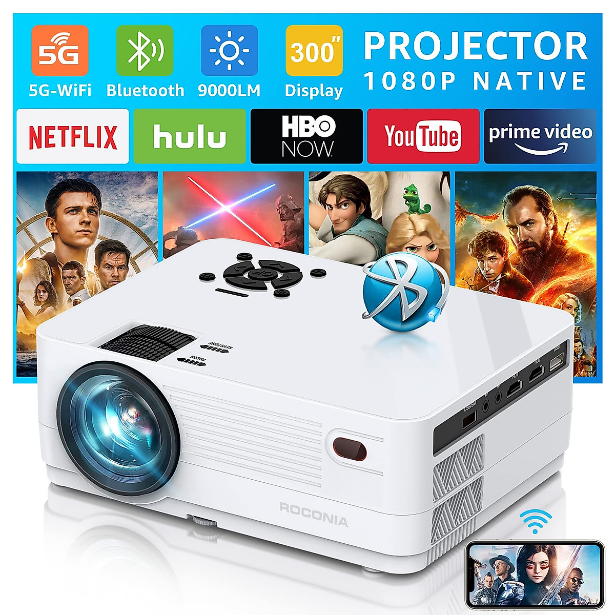 1080P HD Projector with WiFi and Bluetooth,Roconia 9800LM 4K Projector,300" Outdoor Movie Projector,Home Theater Video Projector Compatible with Laptop, HDMI, VGA, USB, iOS & Android Smartphone