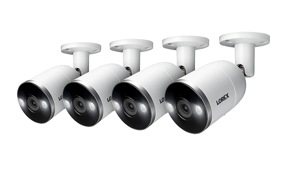 Lorex E892AB Indoor/Outdoor 4K Ultra HD Smart Deterrence IP Bullet Camera with Smart Motion Plus, 150ft NV, CNV, 2.8mm, IP67, Audio, White, 4PK