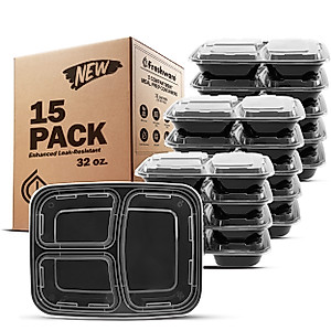 Freshware Meal Prep Containers with Lids [15 Pack] 3 Compartment, Food Storage Containers, Bento Box, BPA Free, Stackable, Microwave/Dishwasher/Freezer Safe (32 oz)