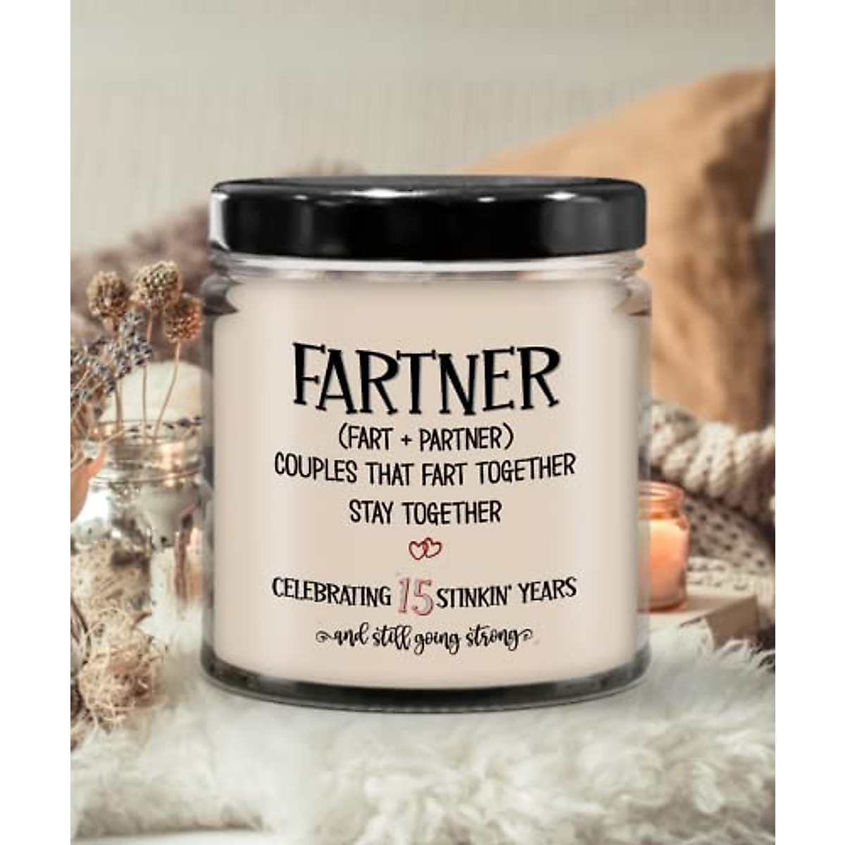 The Improper Mug Fartner 15 Years Anniversary Candle for Husband from Wife Couples Funny Fifteen Yr Together 15th Wedding Fart Jokes 9 Oz. Vanilla Scented Soy Wax for