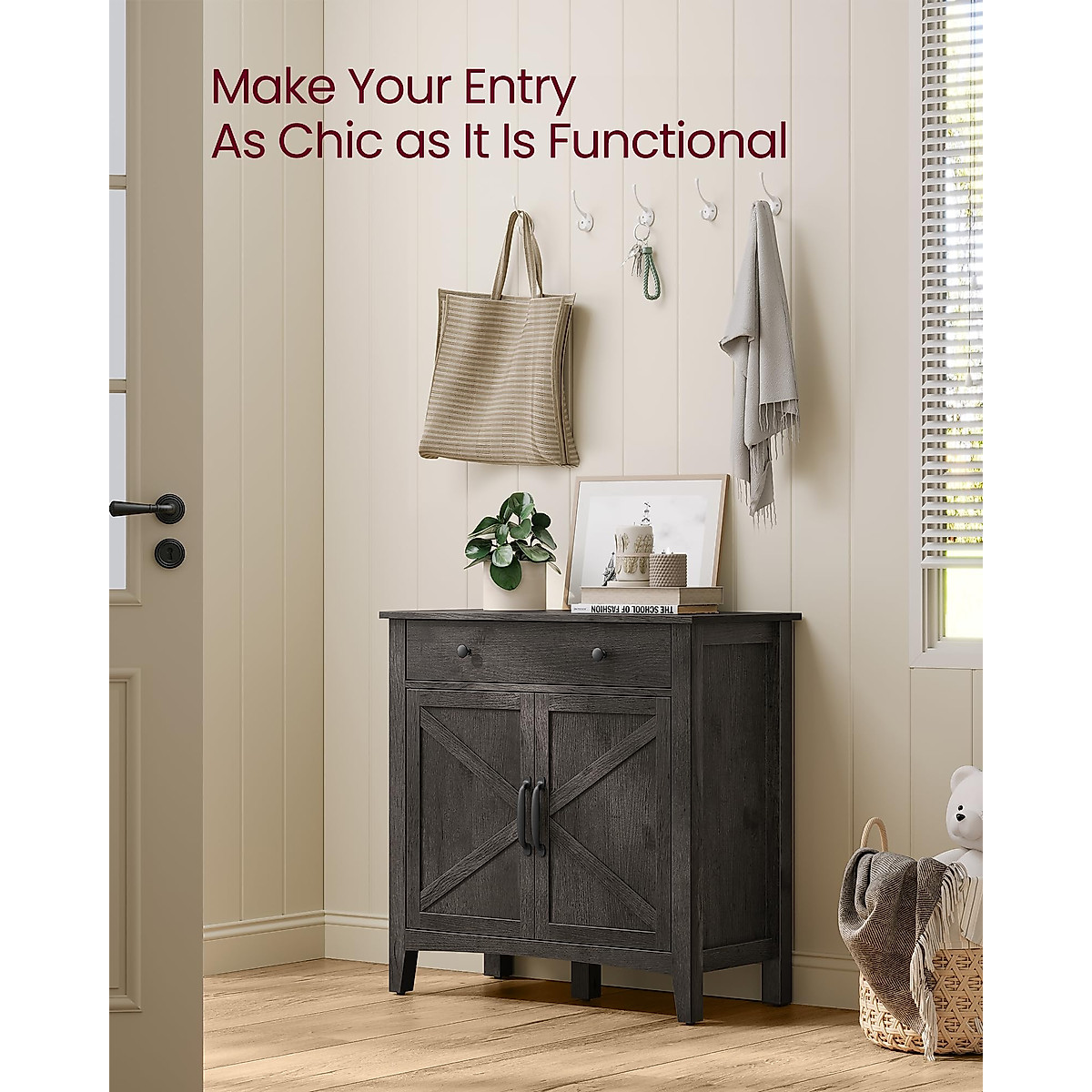 VASAGLE Coffee Bar Cabinet, Kitchen Storage Cabinet with Drawer, Farmhouse Cabinet Sideboard with Adjustable Shelf for Kitchen, Stone Gray UBBK341B02