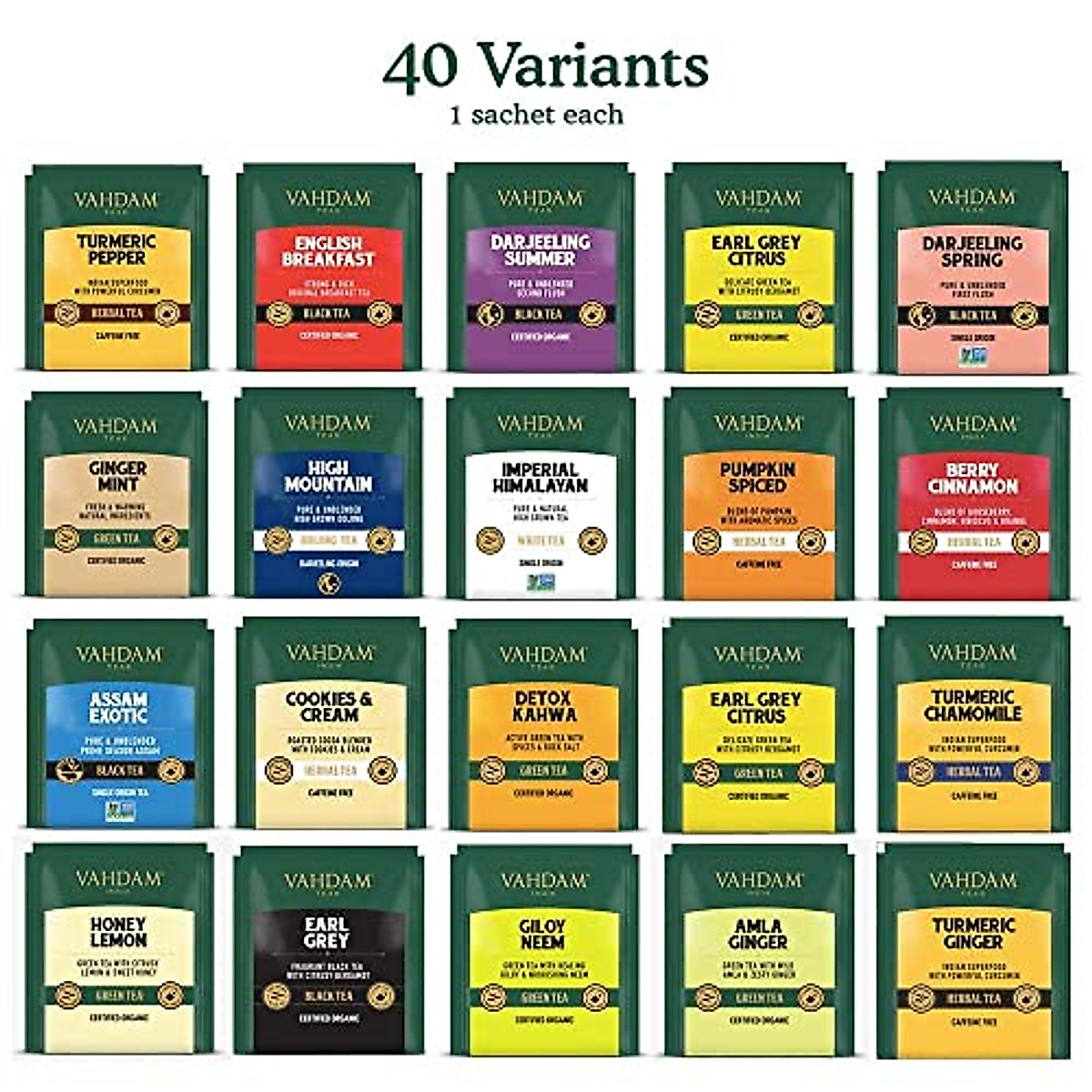 VAHDAM, Assorted Tea Bags Sampler - 40 Flavors, 40 Tea Bag | Tea Bags Variety Pack - Herbal Tea, Green Tea, Chai Tea, Black Tea in Tea Assortment Gift Set, Tea Bags Variety Pack
