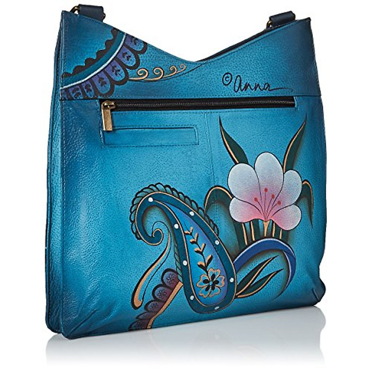 Anna by Anuschka Women's Genuine Leather Large V Top Multi-Compartment Cross Body | Hand Painted Original Artwork | Denim Paisley Floral