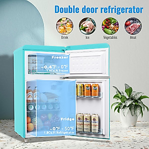 WANAI 3.5 Cu.ft Mini Fridge with Freezer Small Retro Dual Door Refrigerator Freestanding Compact Refrigerator with Freezer 2 Door Mini Fridge for Bedroom, Dorm, Office Blue