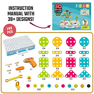 249 PCS STEM Learning Toys – Electric Drill DIY Educational Set, Creative Engineering with Various Shapes and 5 Toy Tools – 2&3D Mosaic Construction Kit for Toddlers, Boys and Girl Ages 3 4 5 6 7 8 9