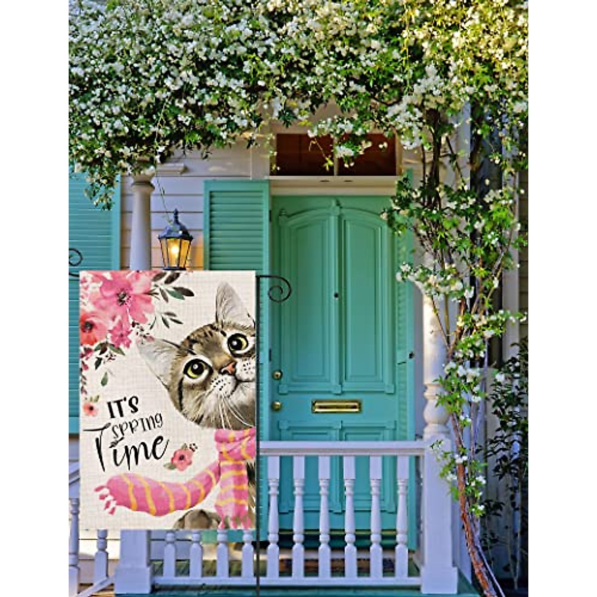 Spring Garden Flag for Outside 12x18 Double Sided,Cat with Sakura Scarf Small Yard Flag,Summer Seasonal Decors for Outdoor Anniversary Wedding Farmhouse Holiday
