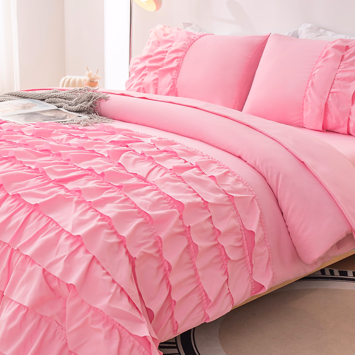 Yadangxiawa Teen Girls Pink Princess Dress Comforter Set Queen Size, 5 Pcs Bed in a Bag Girls Queen, Girls Pink Ruffled Bedding Set, Teen Bedding Sets for Girls Kids with Sheets