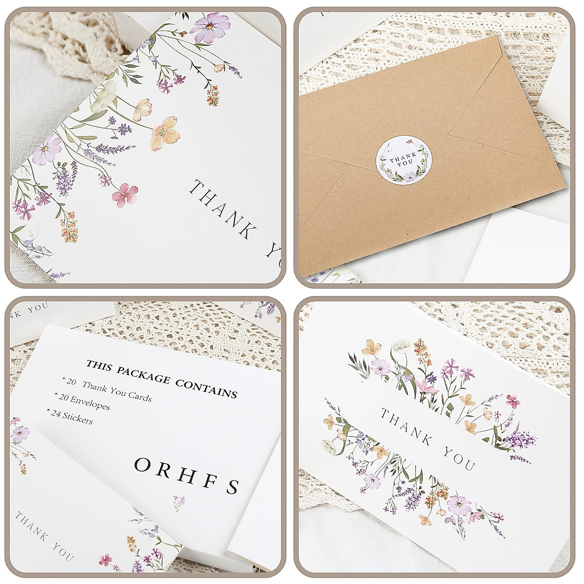 Generic Floral Thank You Cards With Envelopes (bulk 20-4x6) -Wildflower Thank You Notes With Envelopes -Perfect for Birthday, Wedding, Bridal Shower And Baby Shower, white