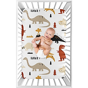 Sweet Jojo Designs Mod Dino Boy Girl Fitted Mini Crib Sheet Baby Nursery Portable Crib Pack Play - Orange Tan Rust Taupe Mustard Yellow Beige Brown Black Modern Dinosaur Boho Dinosaurs Gender Neutral