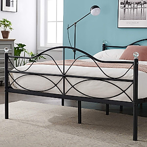 VECELO Full Size Bed Frame Metal Mattress Foundation,Platform Bed with Box Spring Replacement Headboard, Deluxe Crystal Ball Stylish,Matte Black
