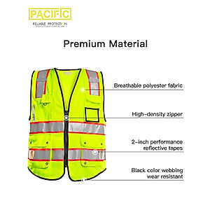 PACIFIC 10 Pockets Safety Vest for Men, 3M High Visibility Reflective Strips with Pockets and Zipper, ANSI Class 2, Yellow, X-Large