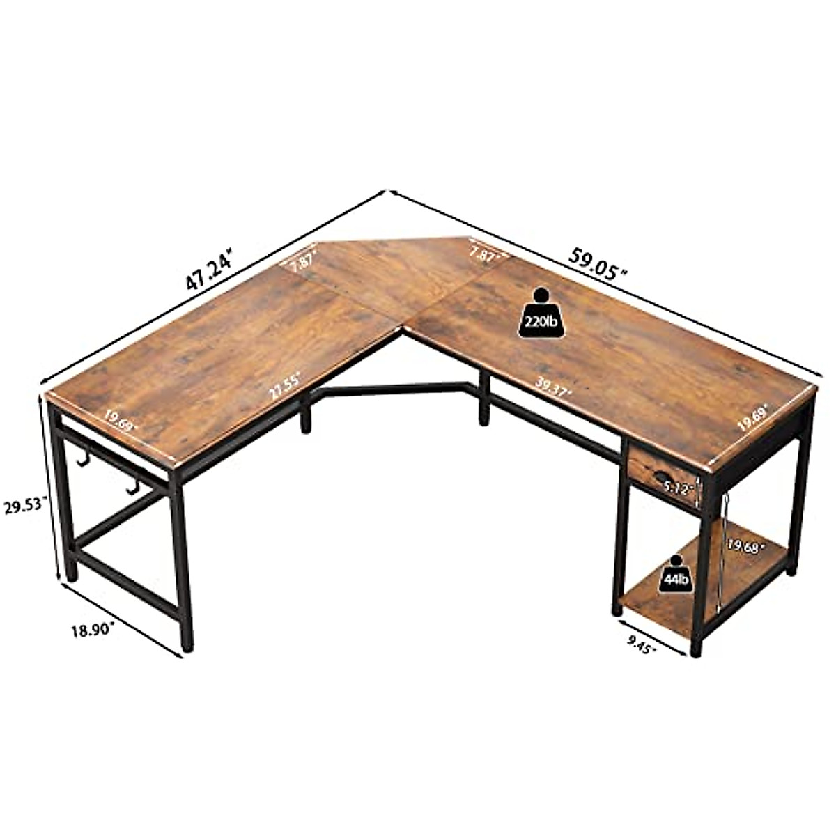 Furologee L Shaped Computer Desk with Drawer and Shelves, 59"Large Corner Desk with 2 Hooks, Gaming Desk Modern Office Desk Writing Study Table Workstation for Home Office, Space-Saving, Rustic Brown