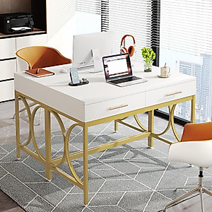 Tribesigns Modern Computer Desk with 2 Drawers, 41 Inches Study Writing Office Desk for Home Office, Bedroom, Makeup Vanity Table Desk with Gold Metal Frame, White & Gold