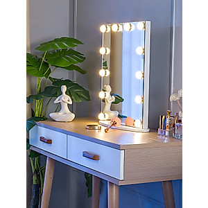 LUXFURNI Vanity Tabletop Hollywood Makeup Mirror w/USB-Powered Dimmable Light, Touch Control, 12 Day/Warm LED Light (16Wx20L, White)