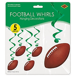 Beistle 5 Piece Football Party Hanging Swirl Sports Whirls for Game Day Tailgating Decorations, 40", Brown/Green/White