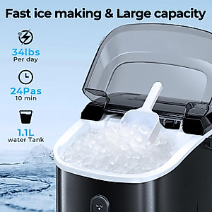 R.W.FLAME Nugget Ice Maker Countertop with Soft Chewable Pellet Ice,Pebble Portable Ice Machine with Ice Scoop, 34lbs/24 Hours, Self-Cleaning, Sonic Ice, One-Click Operation, for Kitchen,Office