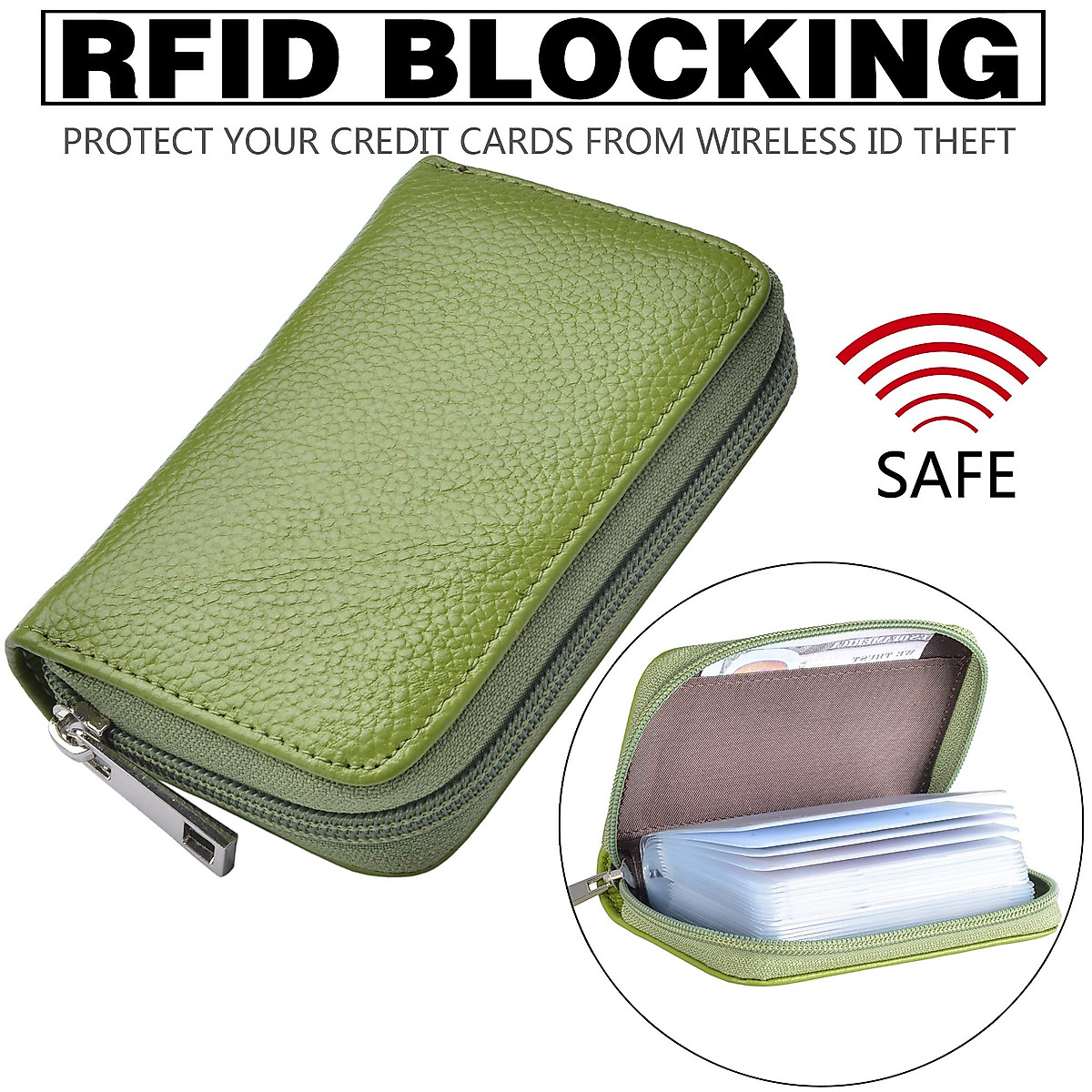 Easyoulife Genuine Leather Credit Card Holder Zipper Wallet With 26 Card Slots (Green)