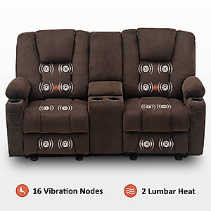 MCombo Fabric Power Loveseat Recliner with Console, Electric Reclining Loveseat Sofa with Heat and Massage, Cup Holders, USB Charge Port for Living Room 6045 (Brown)