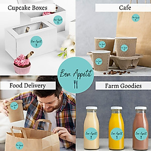 Mobiusea Party Bon Appetit Stickers Roll | 1.5 inch | Waterproof | 500 Labels for Food Service and Catering Business, Bakery Packaging | Mint Background with Black Hand-Brushed Font Design