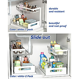 Merrylun Under Sink Organizers, 2 Pack Metal Pull Out Under Sink Organizers and Storage Shelves with Sliding Drawer, Under Sink Storage for Kitchen, Bathroom, White, 2 Pack…