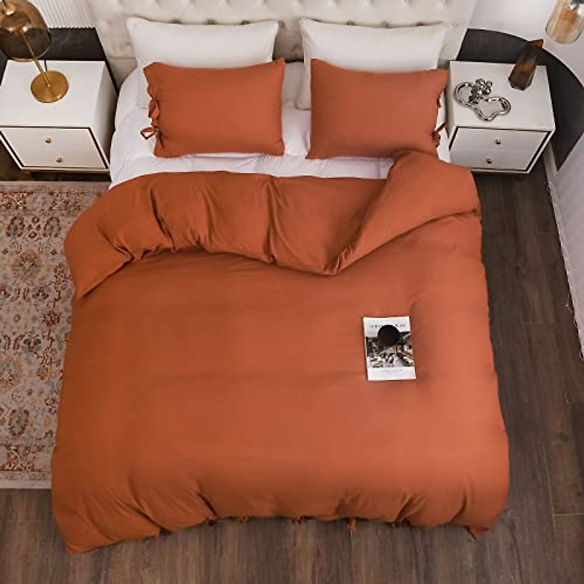 Argstar 3 Pcs Caramel Bowtie Duvet Cover Set California King, Burnt Orange Duvet Cover with Bowknots, 100% Microfiber Soft Rust Comforter Cover with Ties (1 Terracotta Duvet Cover, 2 Pillowcases)