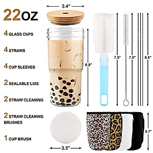 MOVNO Smoothie Mason Jar Cups with Lid And Straw, 22 oz Pack of 4 Reusable Boba Tea Drinking Jars Cup with Airtight Lids and Brush, Reusable Glass Tumbler with Sleeves for Iced Coffee,Milkshake, Gift