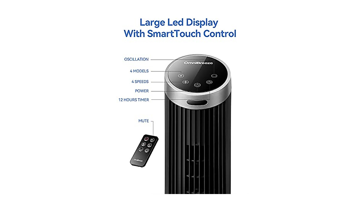 OmniBreeze 36 Inch Bladeless Tower Fan with Remote & Quiet Cooling