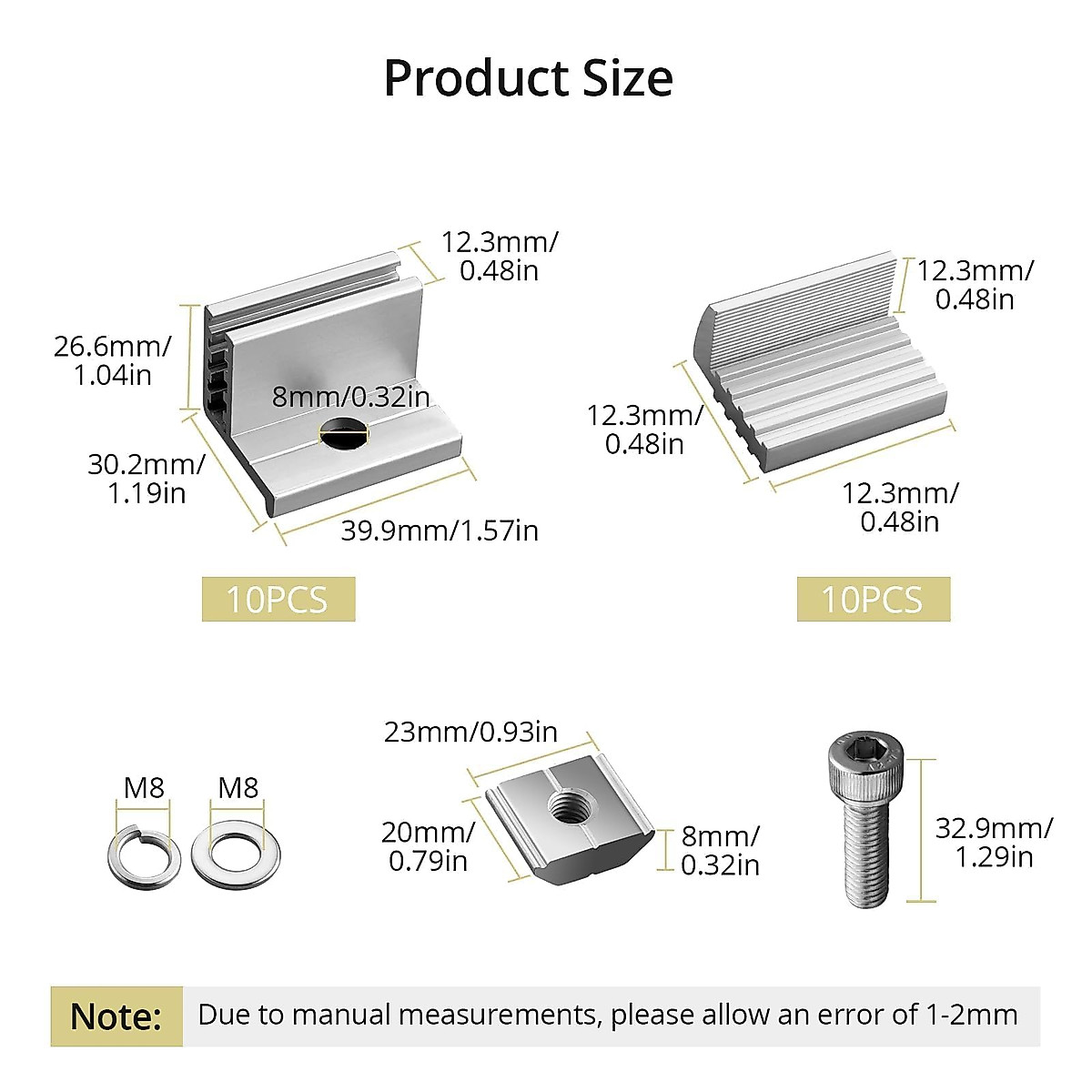 Anbte 10PCS Solar Panel End Clamp 30-45mm Adjustable, Aluminum Z Brackets for Solar Panels Include 10 Screws M8, Solar Panel Mounting Bracket for Solar Panel PV Mounting System, Silver