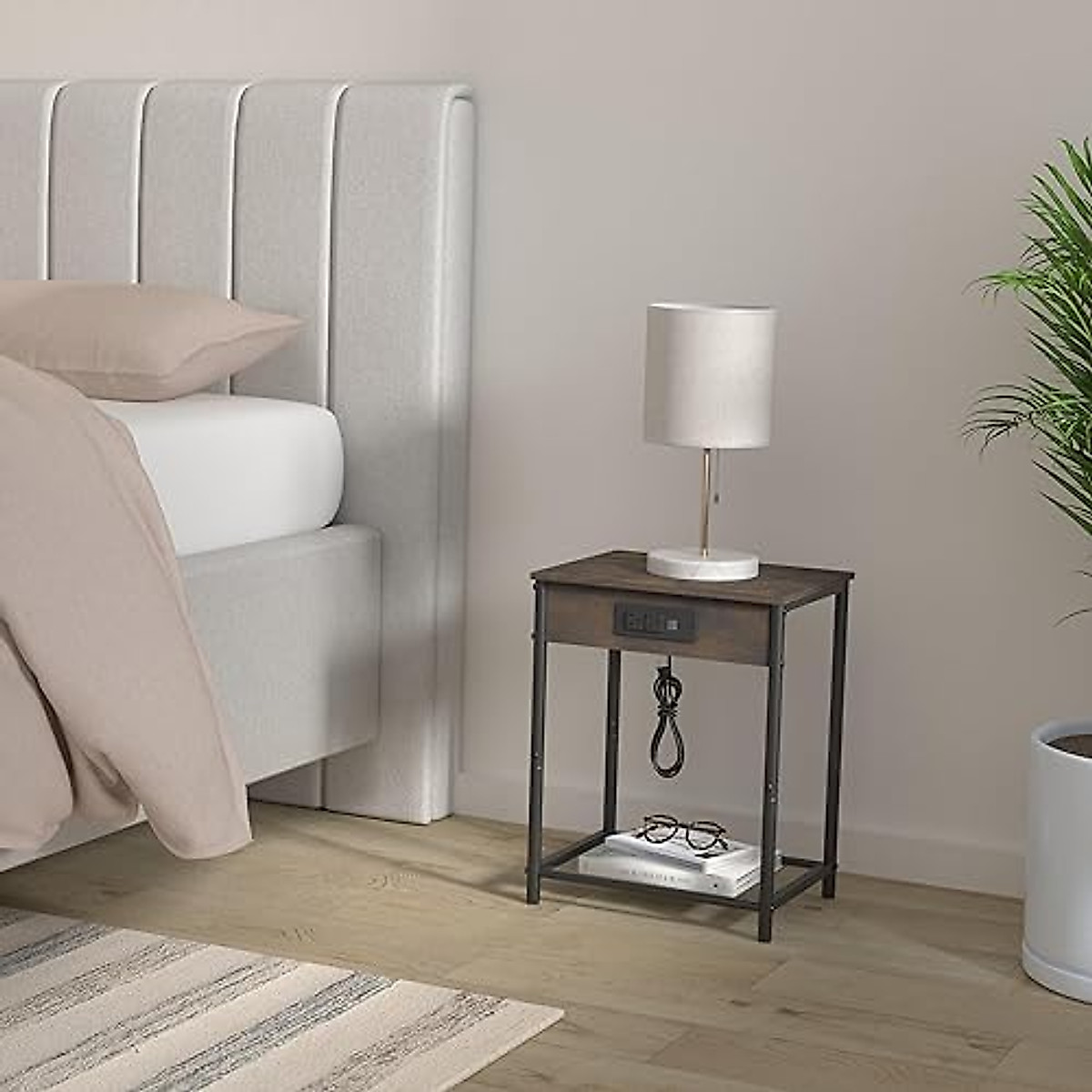 Rolanstar End Table Set of 2 with Charging Station, Small Side Table with USB Ports & Storage Shelf for Small Space, Living Room, Nightstand Bedside, 2-Tier Sofa Table for Bedroom