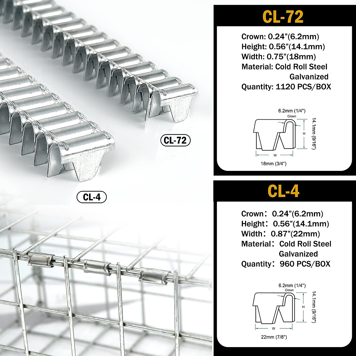 CL-72 Cold Roll Steel or Galvanized Clinch Clips, 1,120 PCS/Box, Fasteners for Harcto M66 Clinching Clipper Tool, Wire Fence Staples for Joining Cages (Cold Roll Steel)