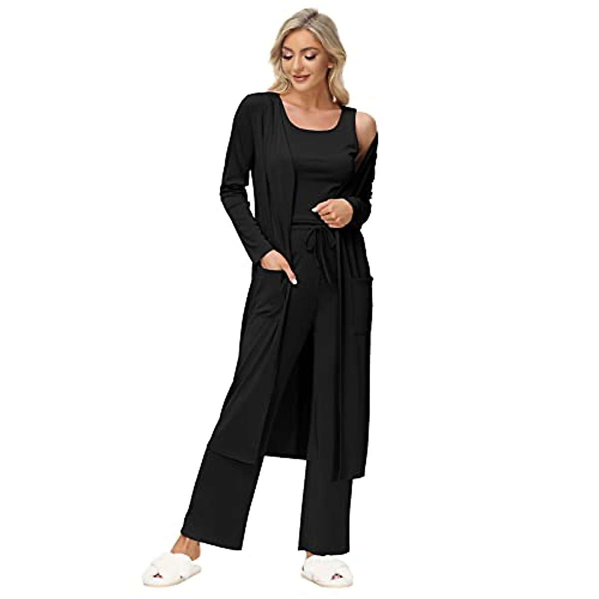 GRACE KARIN Womens Ribbed Knit Lounge Sets 3 Piece Loungewear Pjs Robe Cardigan
