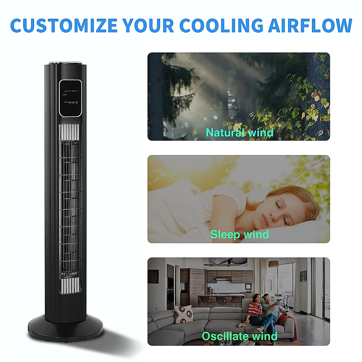 Antarctic Star Tower Fan Oscillating Fan Quiet Cooling Remote Control Powerful Standing 3 Speeds Wind Modes Bladeless Floor Fans Portable Bladeless Fan for Children Bedroom Home Office (Black, 35")