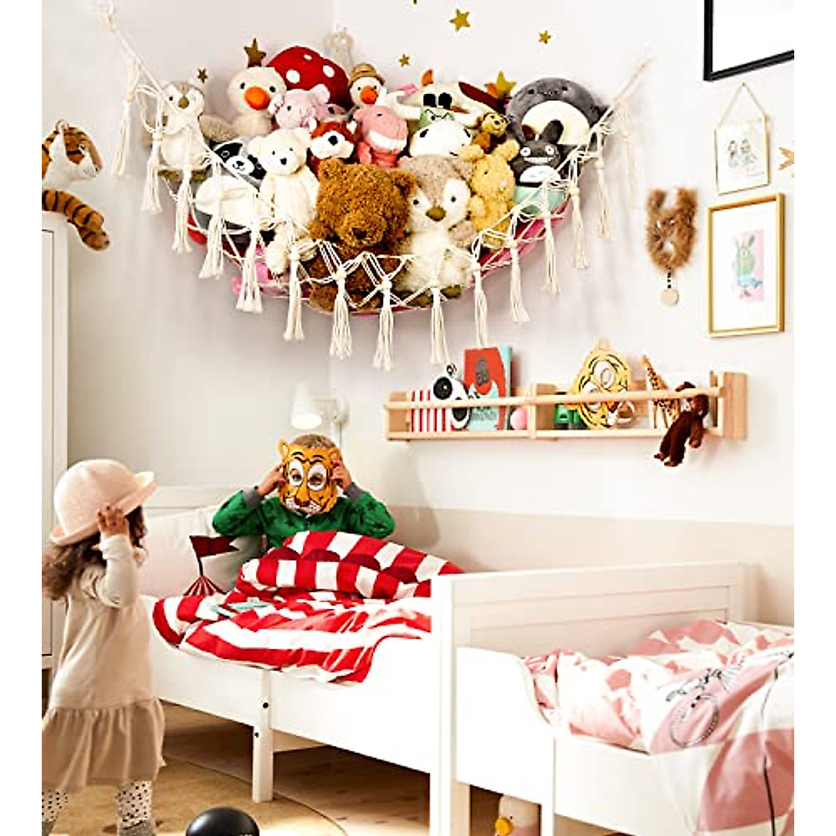 TCGPRO Stuffed Animal Storage - Stuffed Animal Hammock or Net Corner, Boho Stuffed Animal Holder with Tassels, Macrame Hanging Toy Organizer Ideas for Plush Display, Kids Room Bedroom Decor