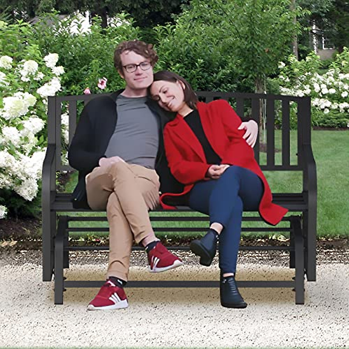 2-Person Outdoor Patio Glider Bench for Outside, Benches Swing Rocking Metal Loveseat Coated Steel Frame Porch Furniture Weatherproof Garden Backyard，Black, 2ZWQ03