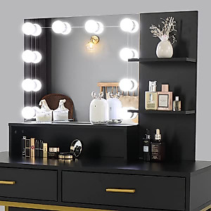 INXXCOROO Style Vanity Set with Lighted Mirror - Black Makeup Dresser with Stool