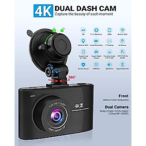 Dash Cam Front and Rear 4K Dash Cam Dash Camera for Cars Front 4K/2K Rear 1080P Built-in GPS with WiFi 3" IPS Display WDR Parking Mode, G-Sensor, Loop Recording, Night Vision, Support 128GB Max