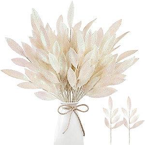 Sggvecsy 40 Pieces Artificial Glitter Leaf White Glittered Spray Picks 13’’ Fake Floral Leaf Branches Xmas Decoration for Christmas Tree DIY Wreath Crafts Gift Home Garden Decoration(White,40 Pieces)