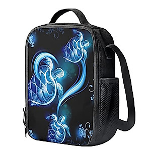 COEQINE Insulated Lunch Bag with Side Pocket for Office Work Print Turtle Blue Kids Cooler Tote Large Lunch Box Adjustable Shoulder Strap
