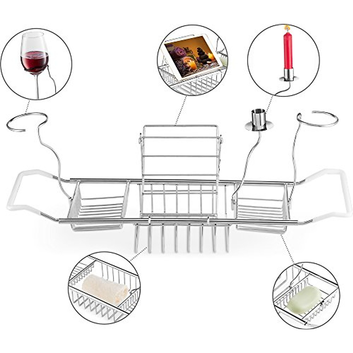 Bathtub Tray Caddy Stainless Steel - Bath Tub Caddy Rack & Organizer with Stand for Book, iPad or Phone - Candle Holder - 2 Wine Holders