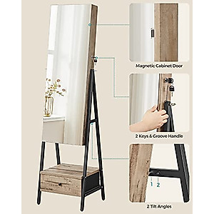 SONGMICS LED Mirror Jewelry Cabinet Standing, Lockable Jewelry Armoire with Full-Length Mirror, Space-Saving Jewelry Organizer with Mirror, Drawer and Shelf, Toasted Oak Color UJJC025N01