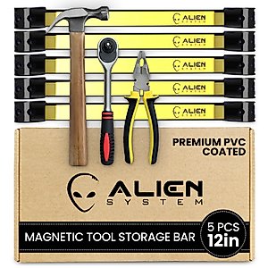 ALIEN SYSTEM Magnetic tool holder strip 5 Pack (60" total) - Tough PVC Sticker coated Magnet strip for tools - Get your tools organized