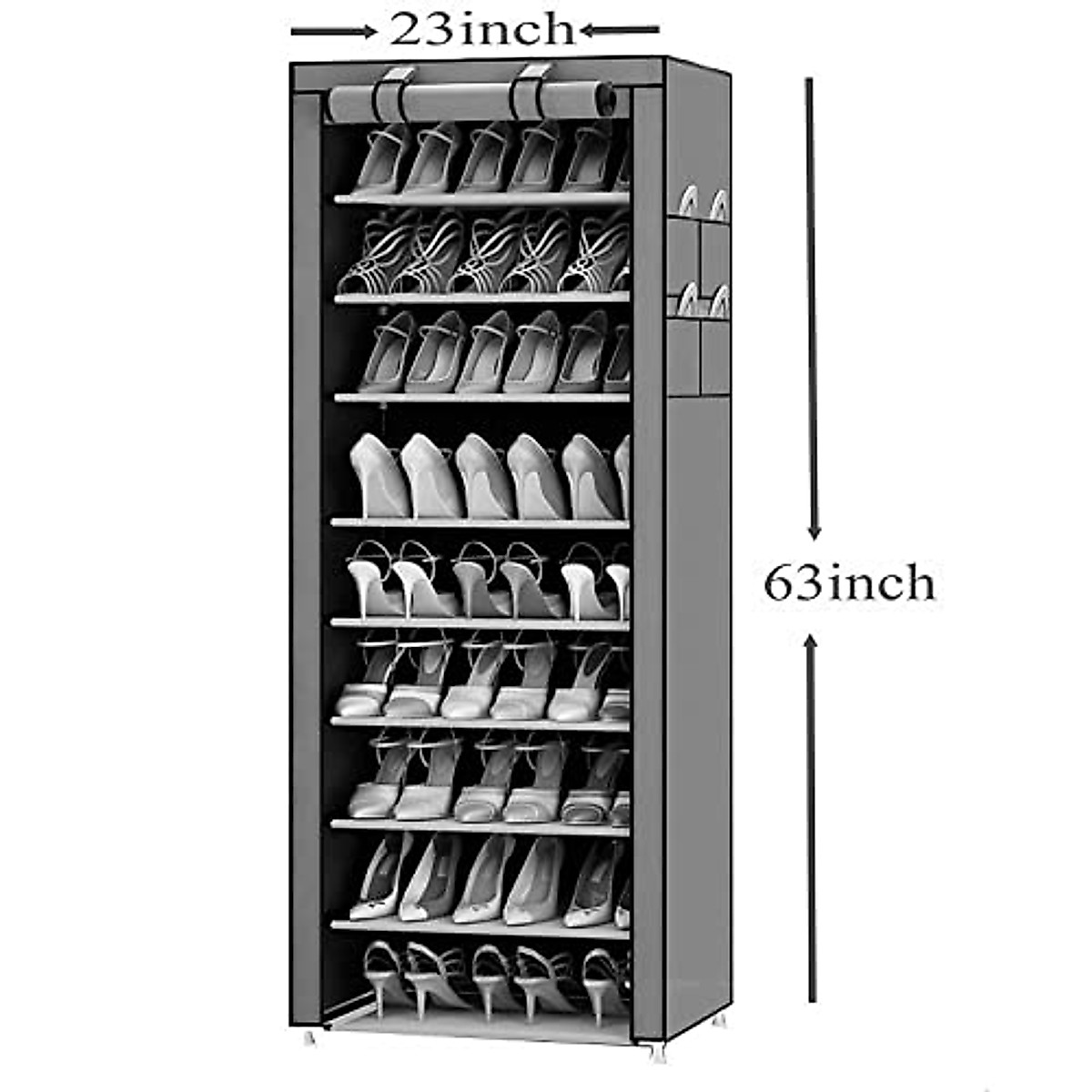 SoSo-BanTian1989 Grey 10 Tiers Metal Tube Frame Shoe Rack with Dustproof Cover, 27 Pairs Shoes Cabinet Closet Storage Organizer Tower Shelf