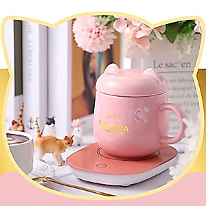 Coffee Cup Warmer Coffee Warmer with Mug for Women Electric Coffee Mug Heater Temperature Control Ceramic Cute Cat Smart Coffee Warmer for Office Desk Home Christmas Birthday Gift(Pink)