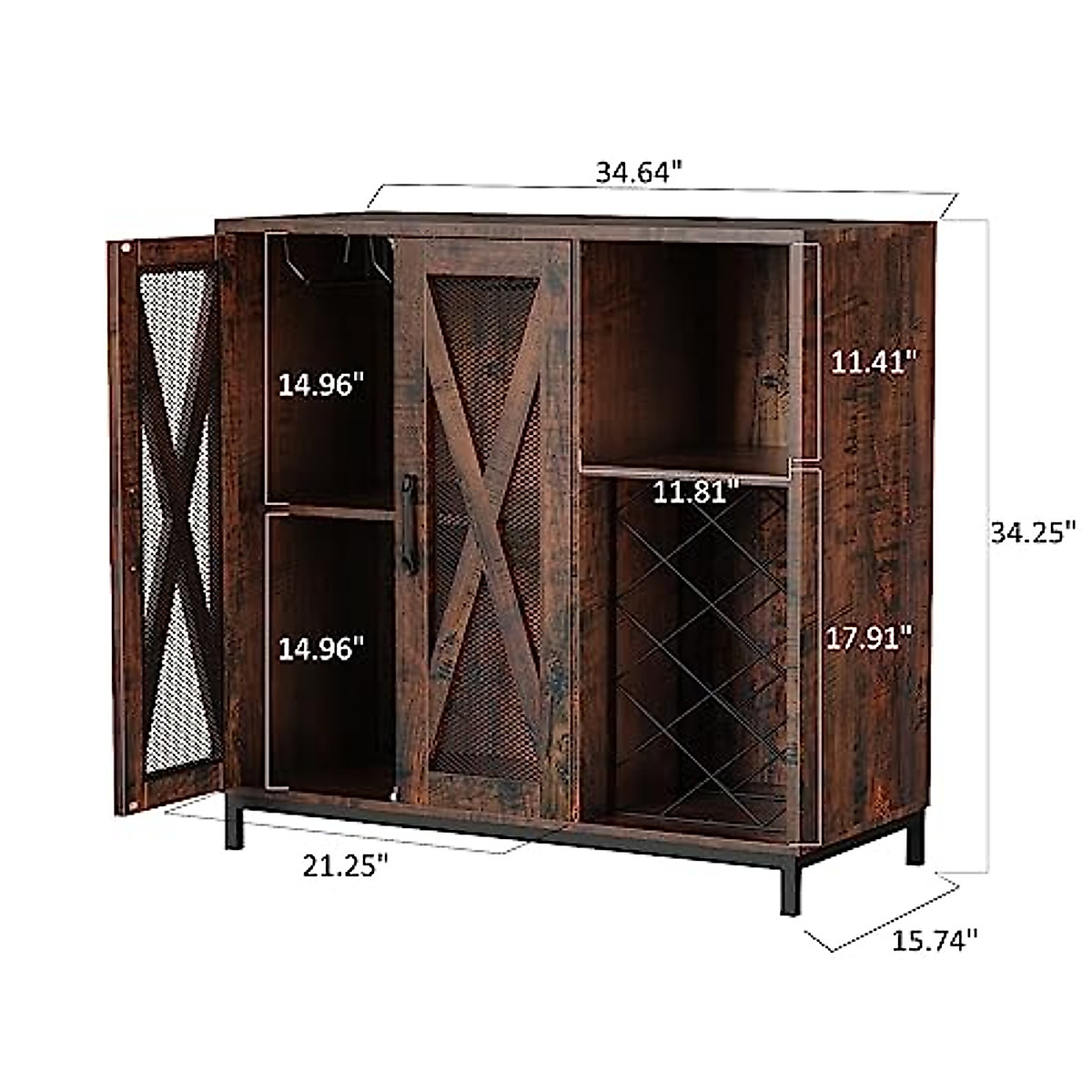 FROMJBEST Wine Bar Cabinet, Industrial Coffee Bar Cabinet with 2 Door and Shelf, Glass Holder, Accent Storage Cabinet, Buffet Sideboard for Dining Room, Kitchen