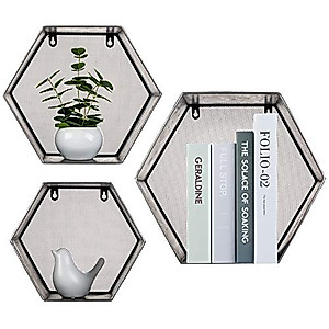 MyGift Wall Mounted Geometric Hexagon Hanging Shelf Design Rustic Galvanized Silver Metal Floating Shelves with Mesh Backing, Set of 3