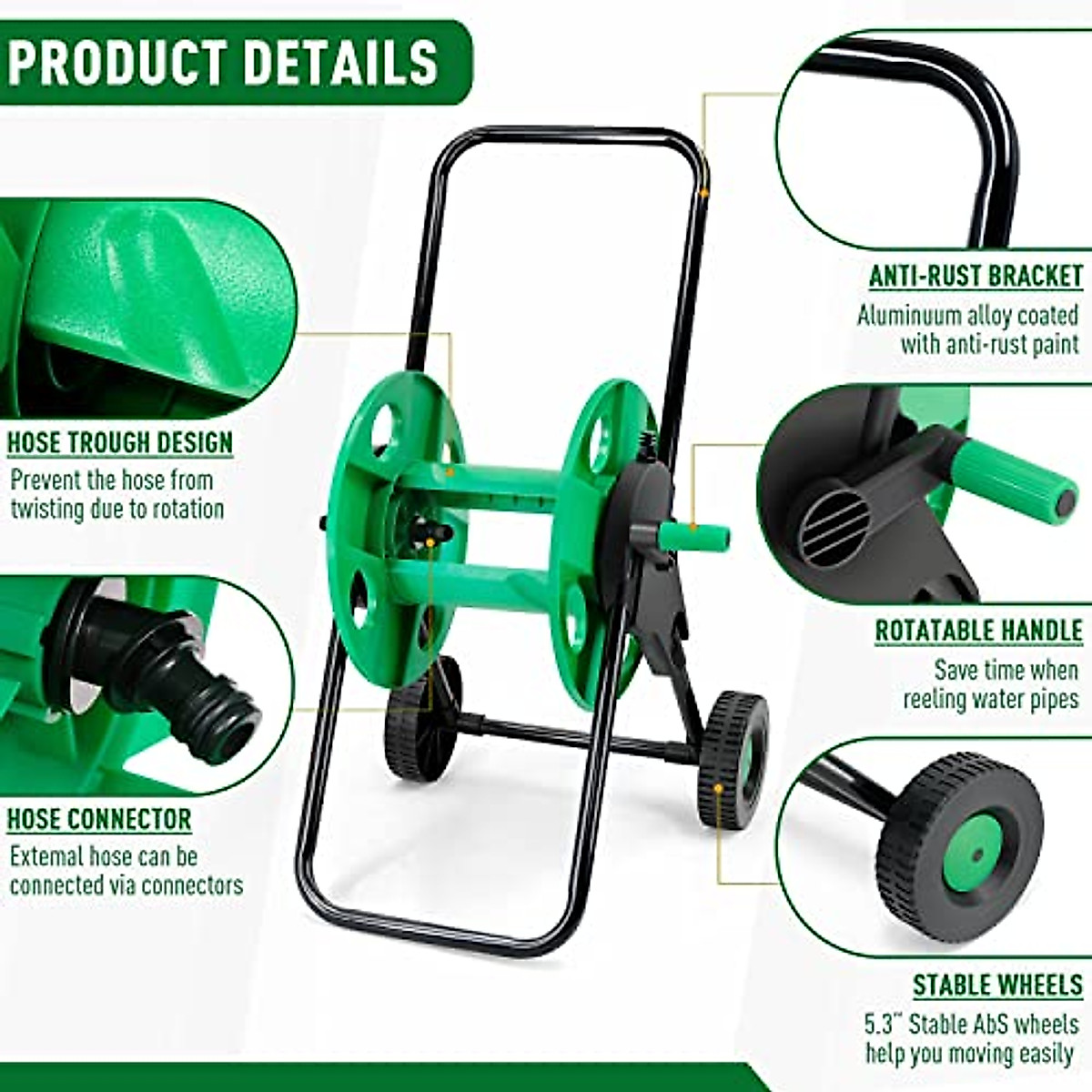Altdorff Garden Hose Reel Cart with Wheels, Portable 66ft Hose Trolley, Water Hose Reel Retractable Holder for Outdoor Yard Lawn Farm Patio