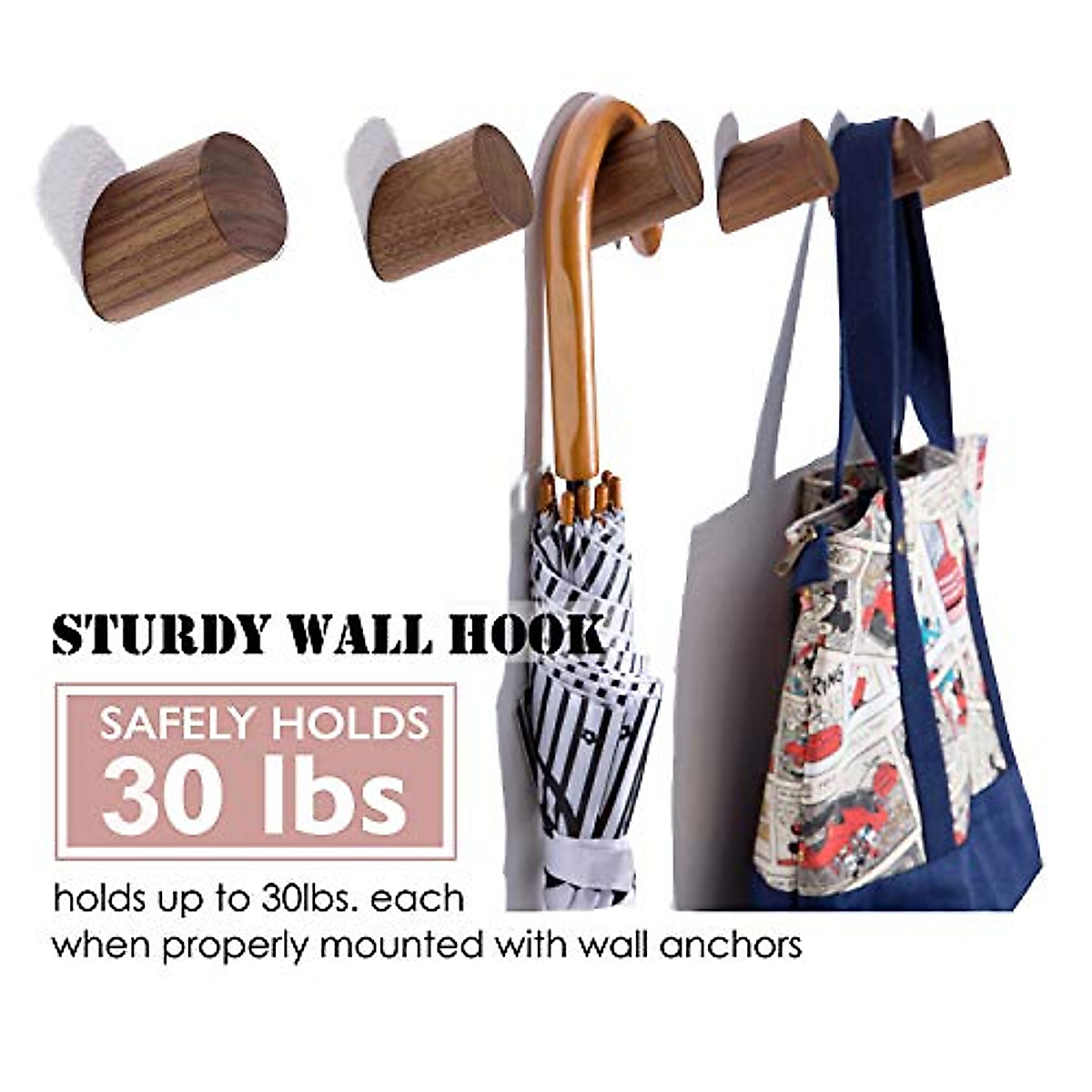 Felidio Wood Coat Hooks Wall Mounted, Wall Hooks (Pack of 2pcs), Wooden Hooks for Hanging Coats Bath Towels Hat Rack Entryway Dog Leash Holder Indoor Plant Hangers